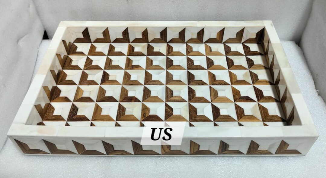 Wooden Bone Inlay Tray, Wood Inlay Geometric Design Platter, Handmade ...