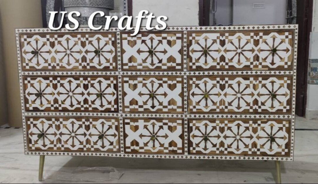 Inlay Work Handmaded Sideboard, Wood Inlay Chest of 9 Drawers, Bone ...