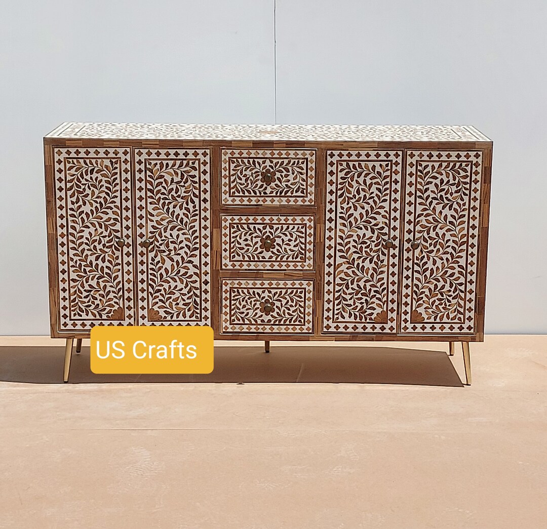 Wooden Inlay Scroll Vine Sideboard, Handmade Wood Inlay Media Cabinet ...