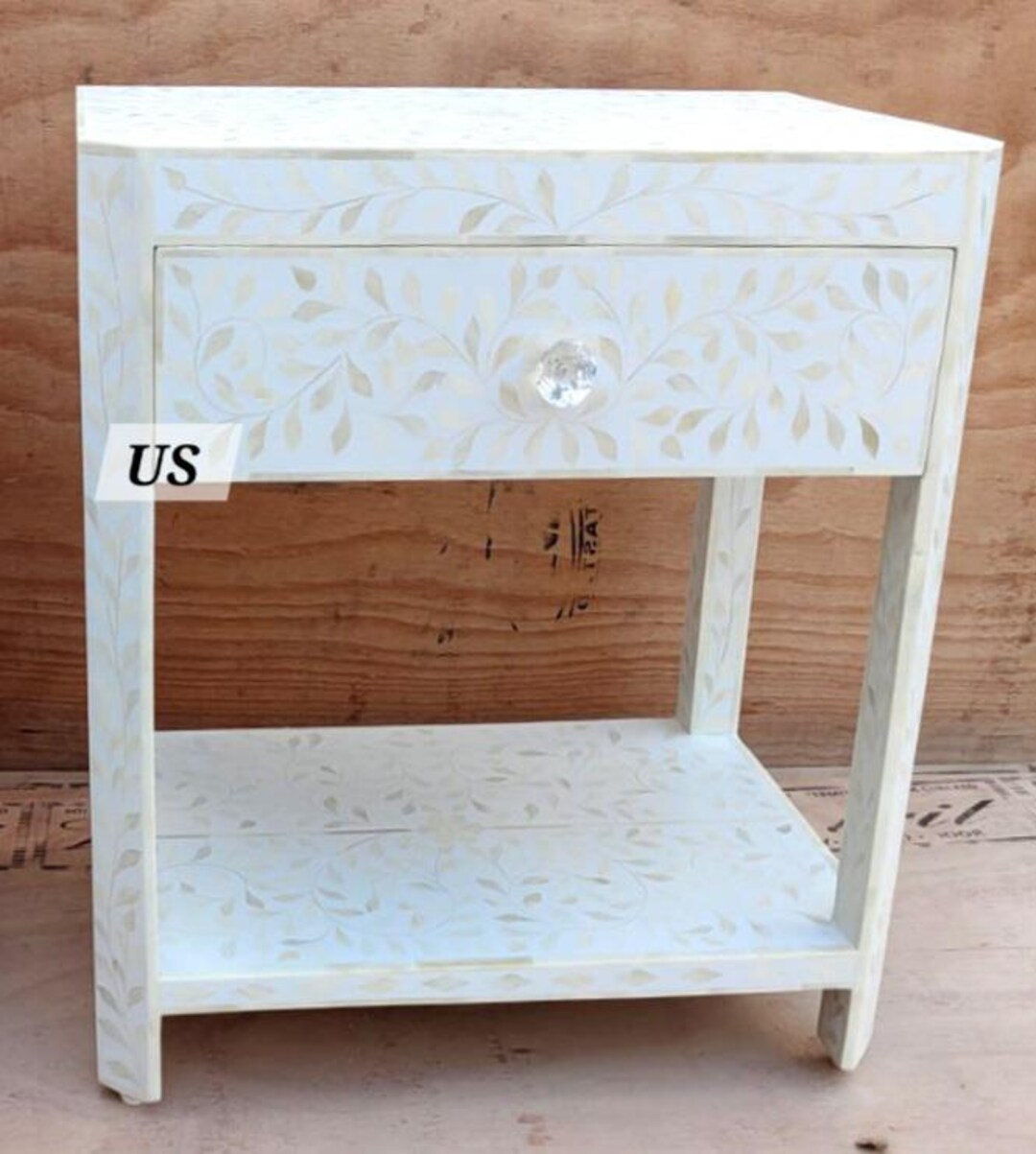 Bone Inlay Bedside Table With Shelf Blue, Bone Inlay Nightstand Table ...