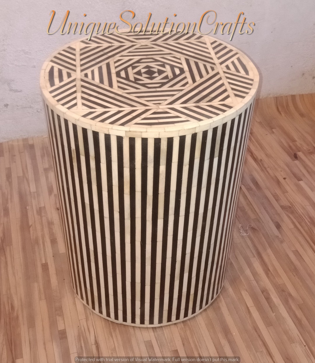 Bone Inlay Stripe Design Round End Table Off-white, Bone Inlay Stripe ...