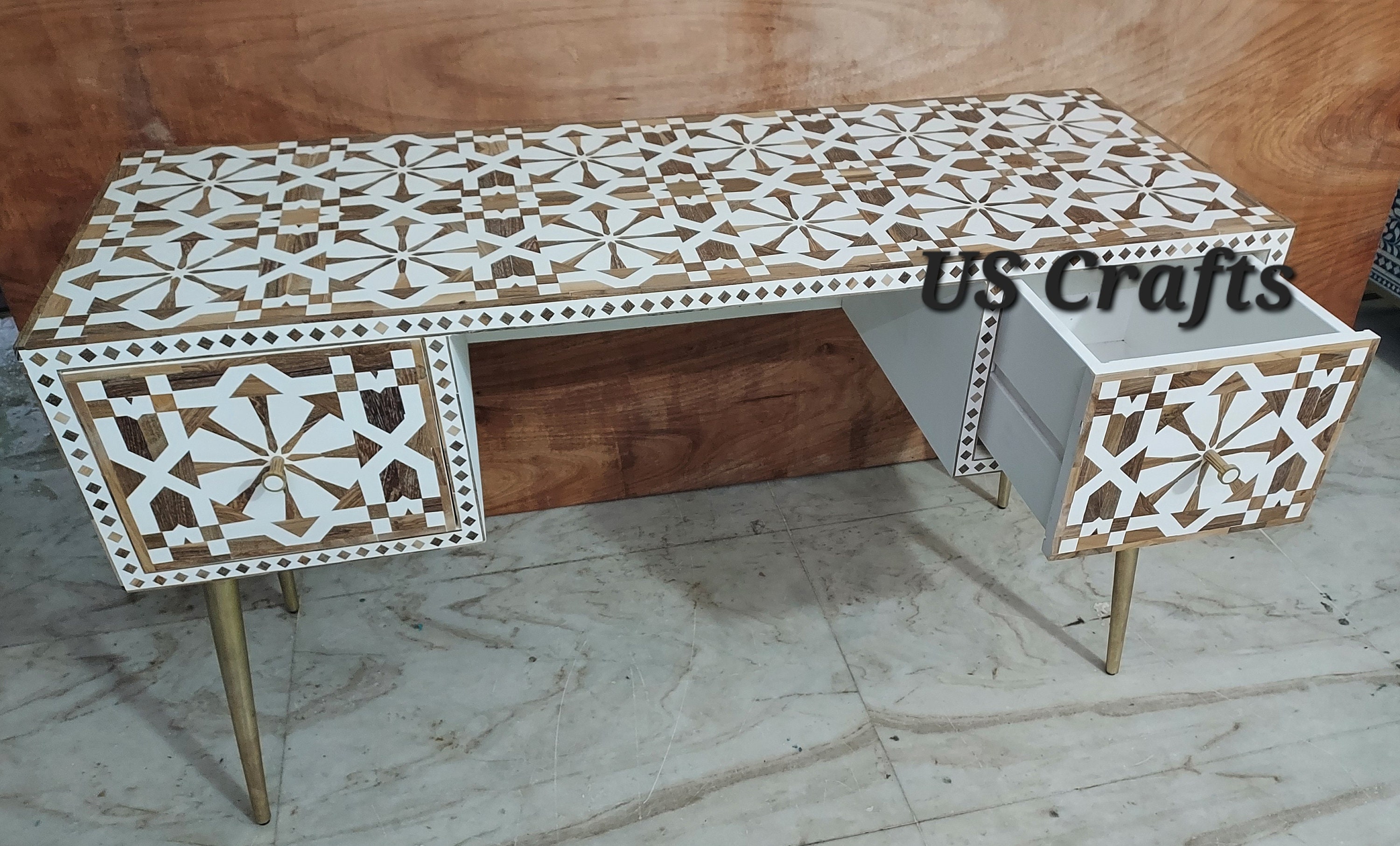 Wood Inlay Work Desksustainable Wood Inlay Table Consolewood - Etsy