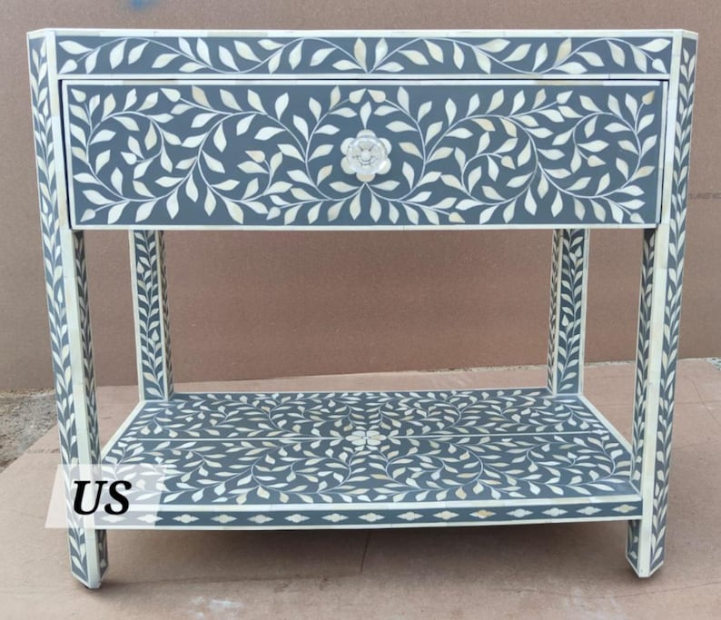 Bone Inlay Bedside Table With Shelf Blue, Bone Inlay Nightstand Table ...