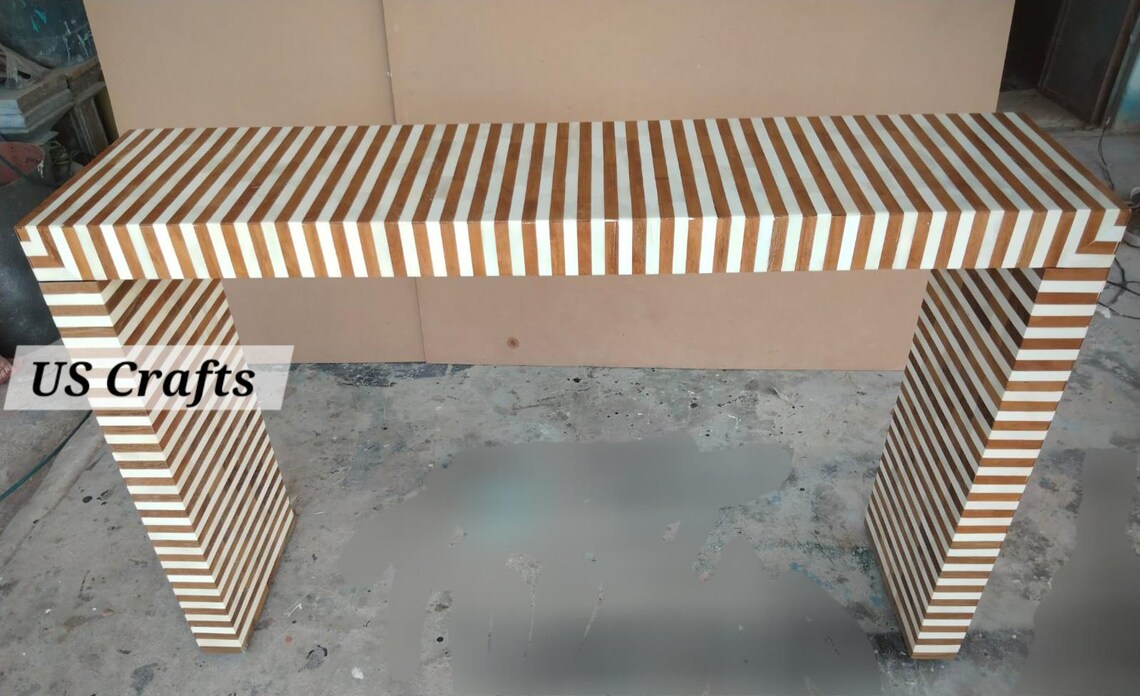 Wood & Bone Inlay Handmade Waterfall Pattern Console Table, Wood/bone ...