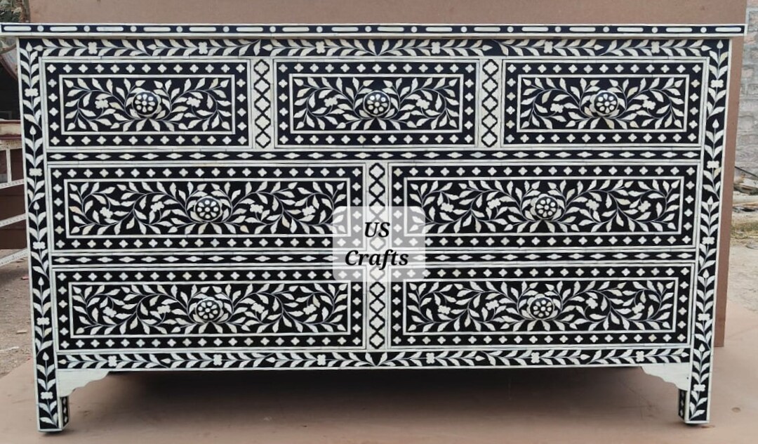 Bone Inlay Floral Pattern Chest of 7 Drawers Black, Bone Inlay Floral ...