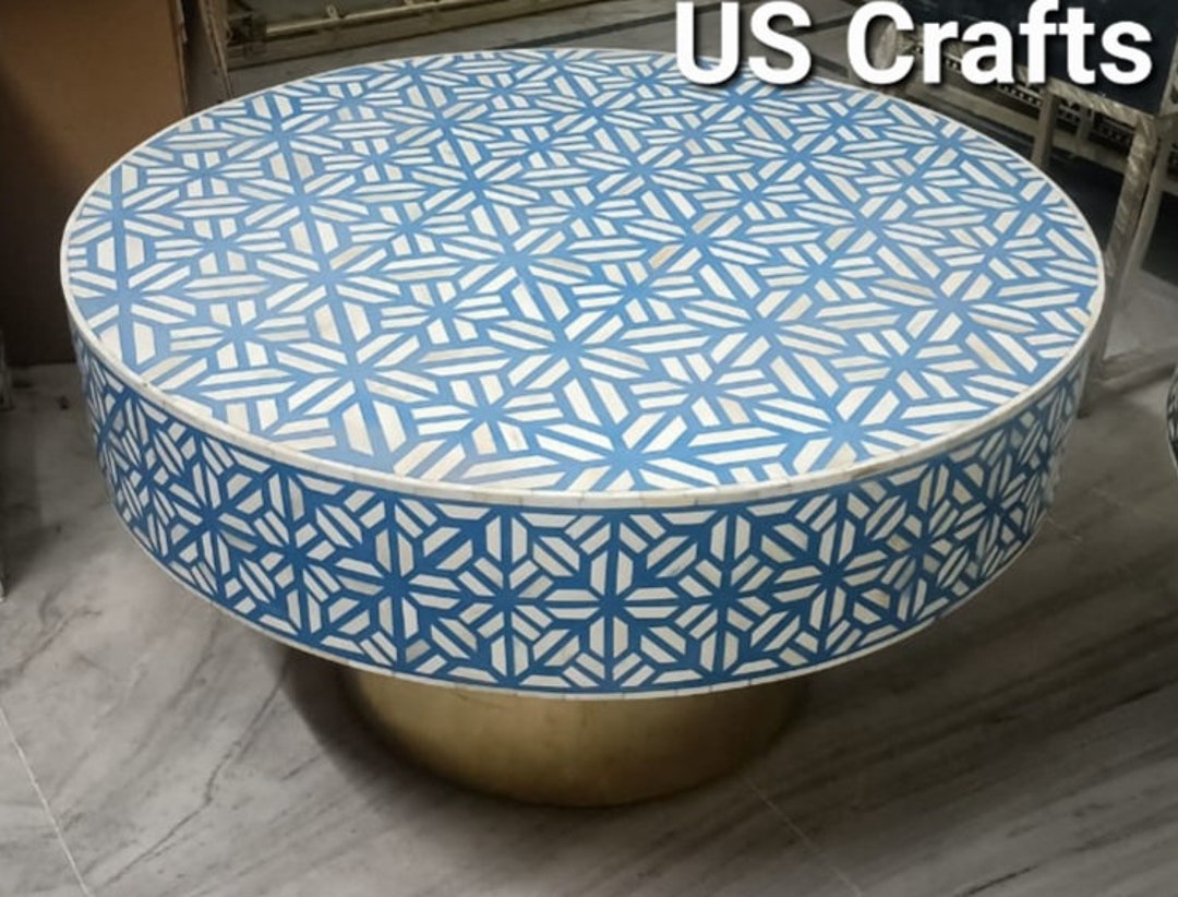 Bone Inlay Vector Design Coffee Table Blue, Bone Inlay Geometric Design ...