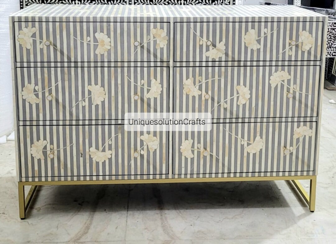 Bone Inlay Flowers Design Chest of 6 Drawers Grey, Bone Inlay Flowers ...