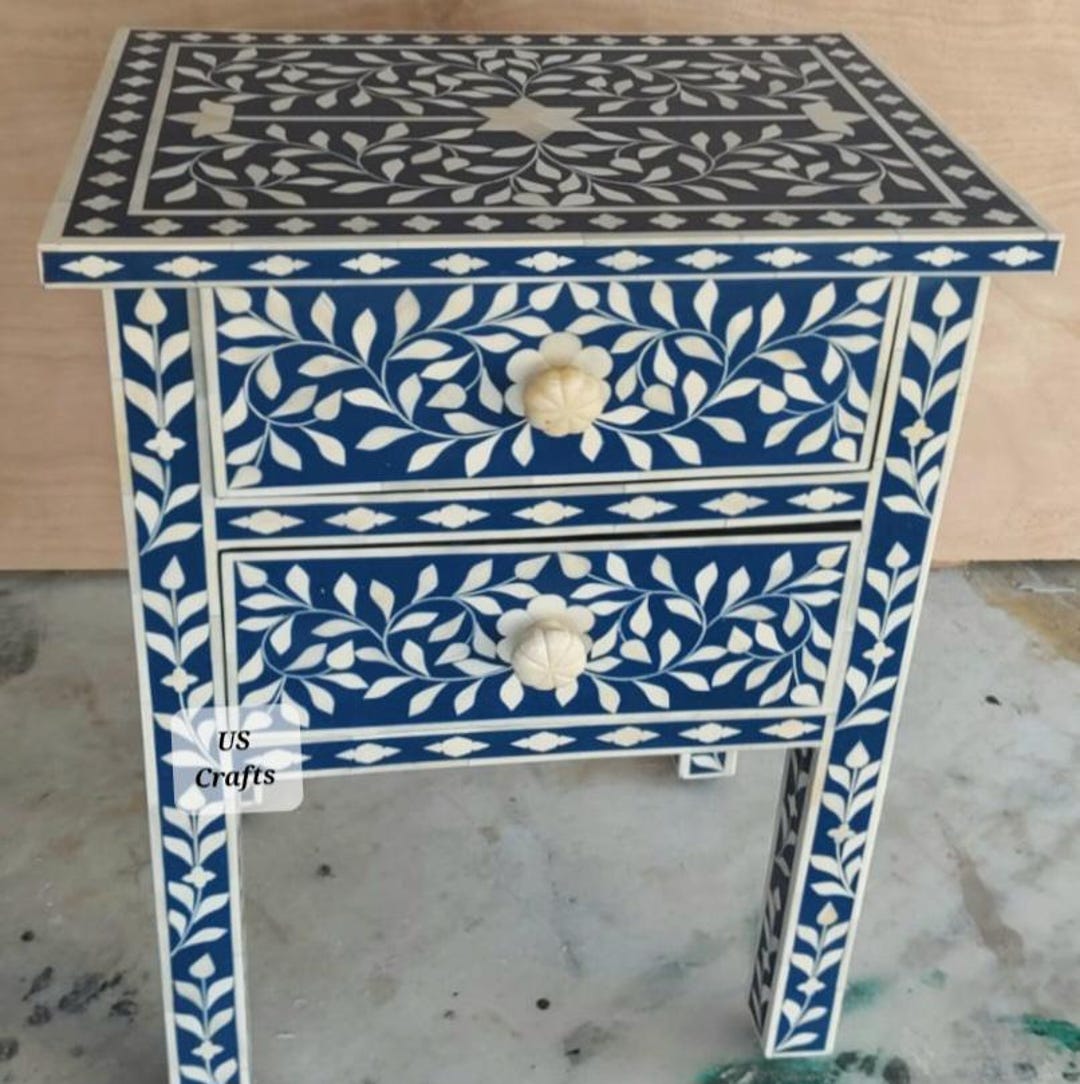 Bone Inlay Bedside Table, Handmade Blue Bone Inlay End Table,night ...
