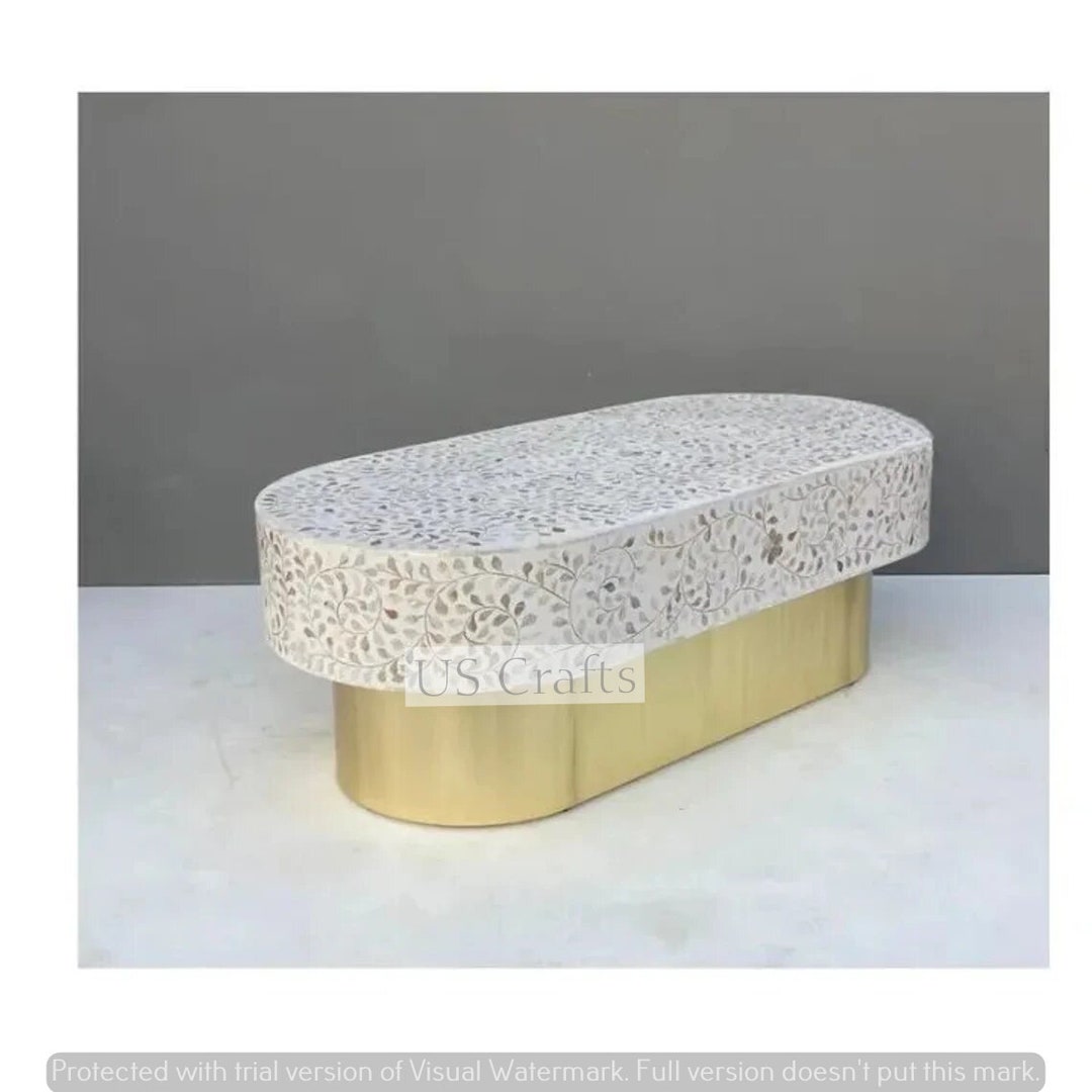 Mother of Pearl Floral Design Oval Shape Coffee Table White, Mother of ...