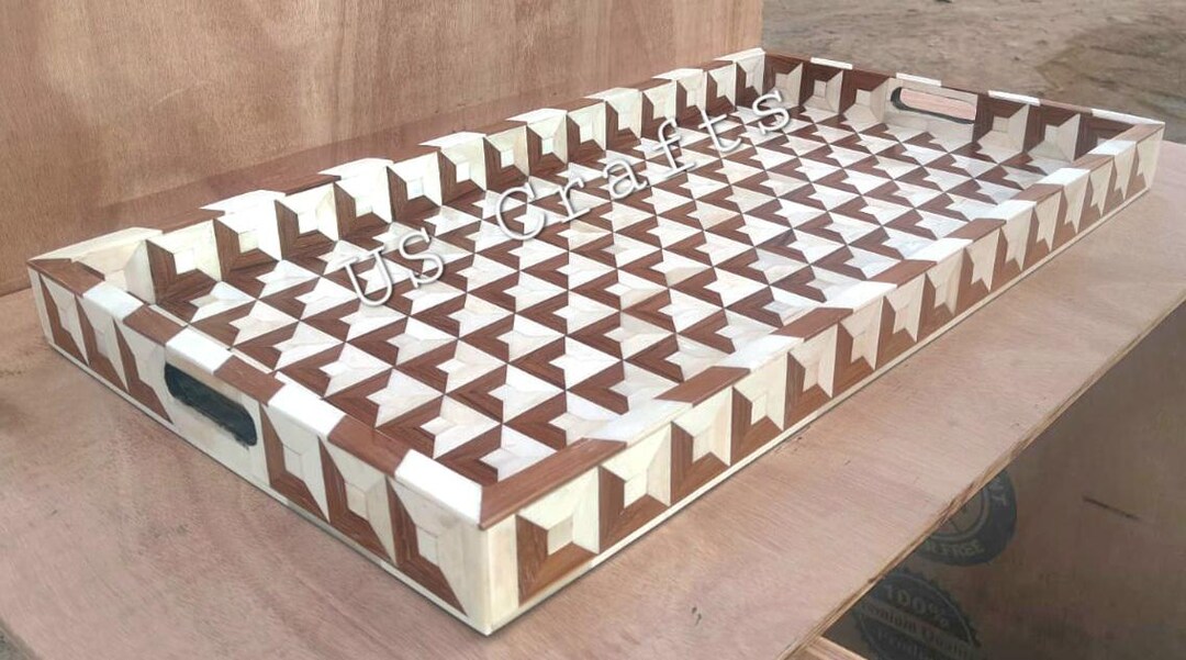 Wooden Inlay Tray, Wood Inlay Geometric Design Platter, Handmade Tray ...