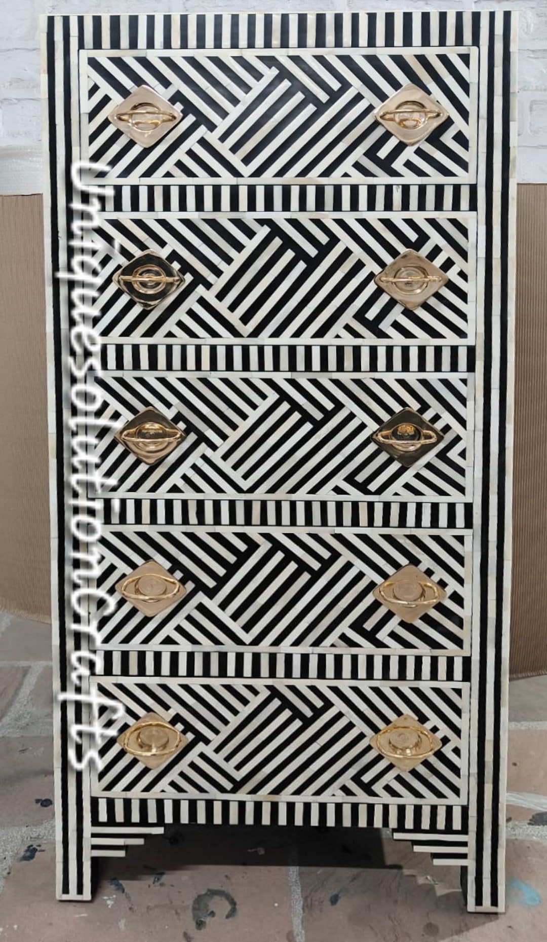 Bone Inlay Optical Pattern Tallboy Dresser Black Color, Bone Inlay ...