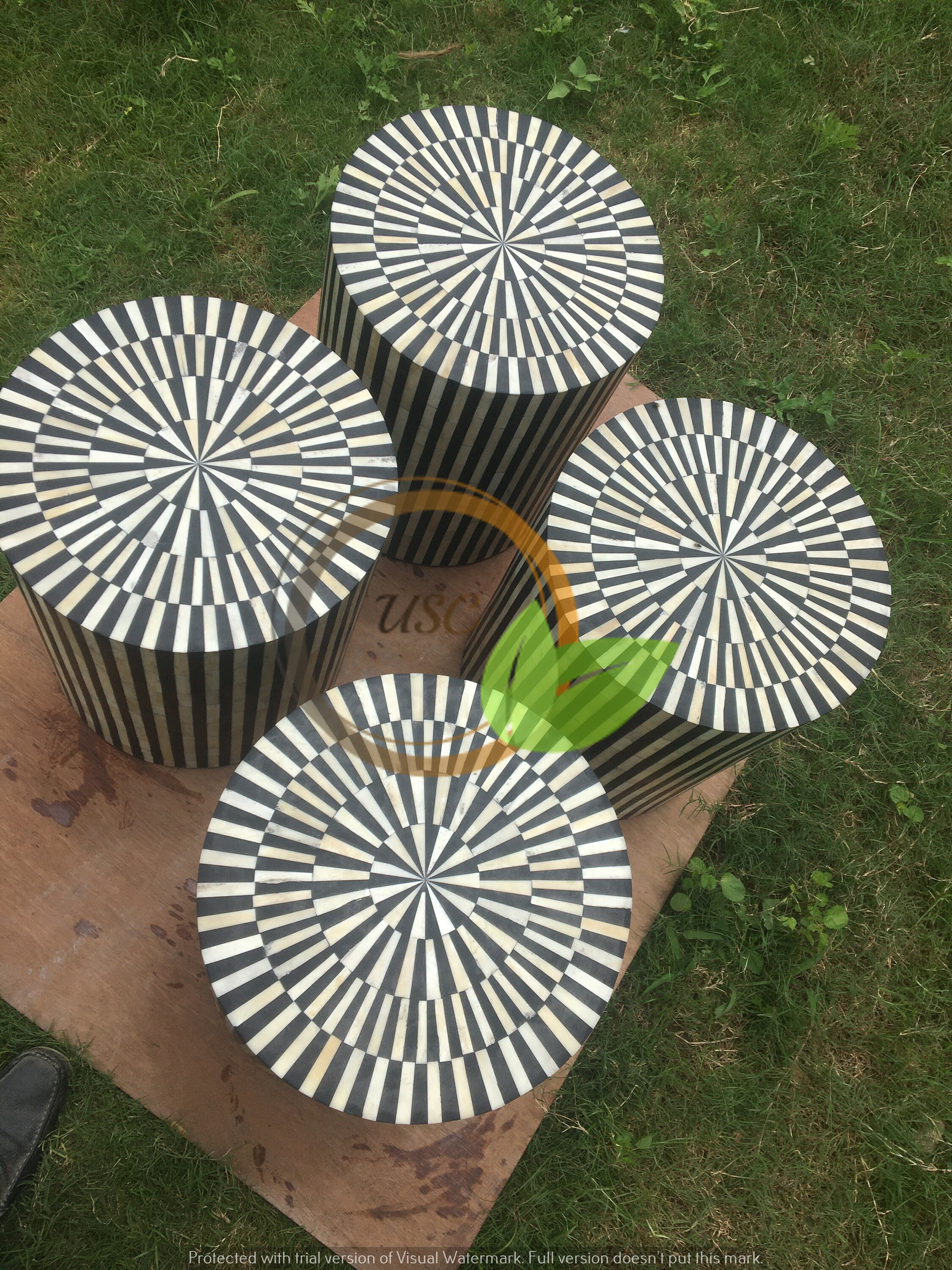 Bone Inlay Stripe Design Round End Table Off-White Bone Inlay | Etsy