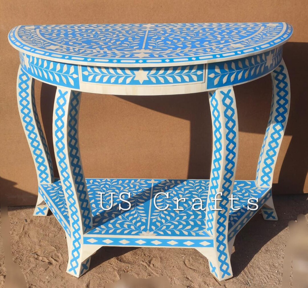 Bone Inlay Floral Pattern Half Round Console Table With Single Drawer ...
