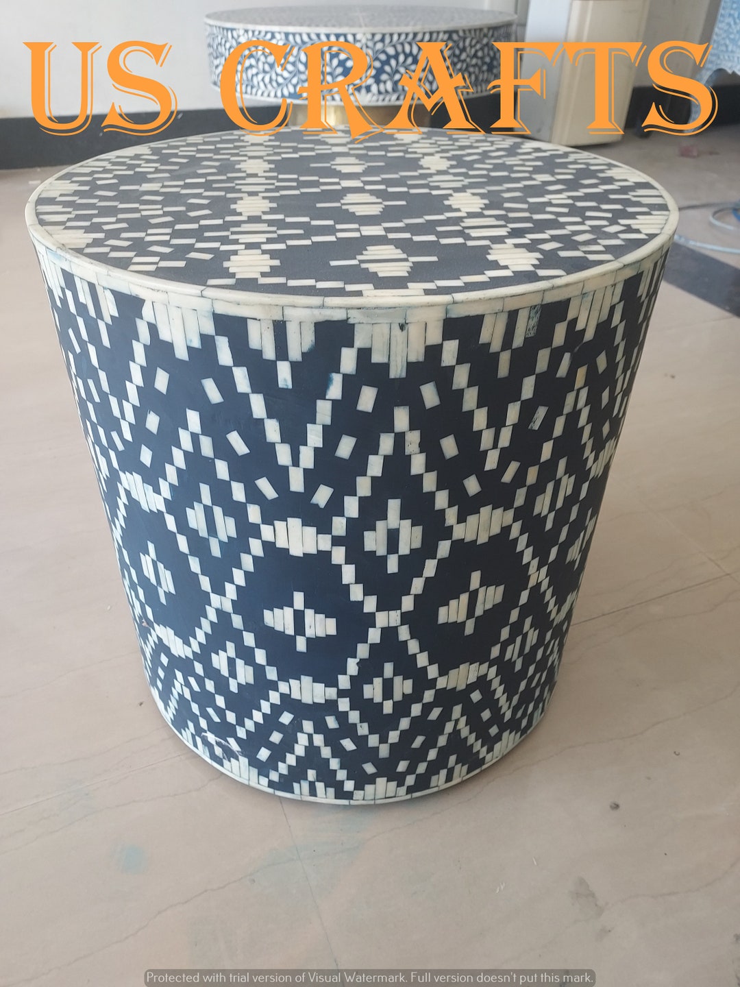 Bone Inlay Drum Blue ,side Table in Blue Geometric Design, Bone Inlay ...