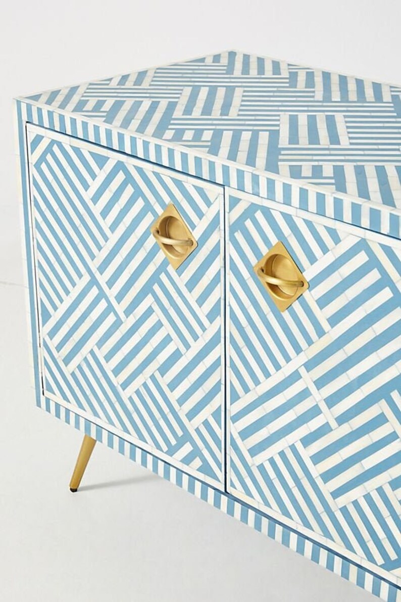 Bone Inlay Optical Design Media Cabinet Sky Blue Bone Inlay | Etsy
