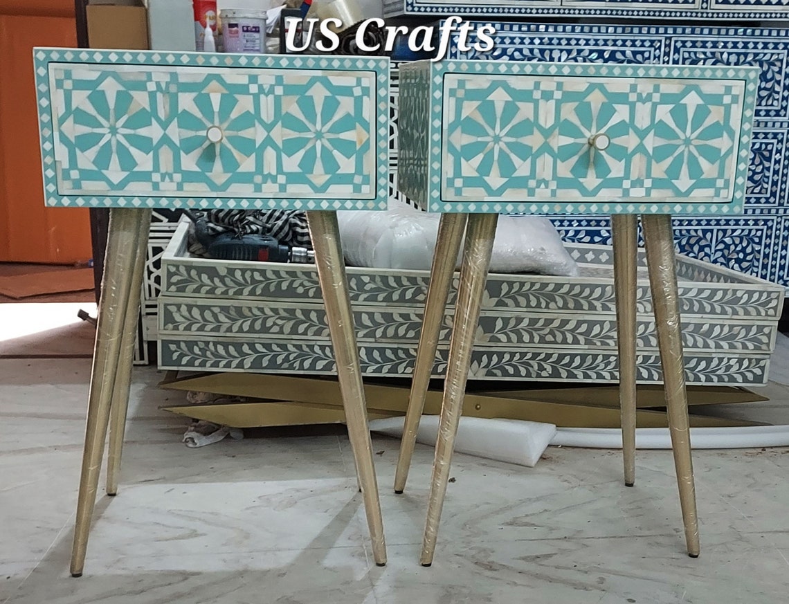 Bone Inlay Moroccan Design Bedside Table Slate Green Bone - Etsy