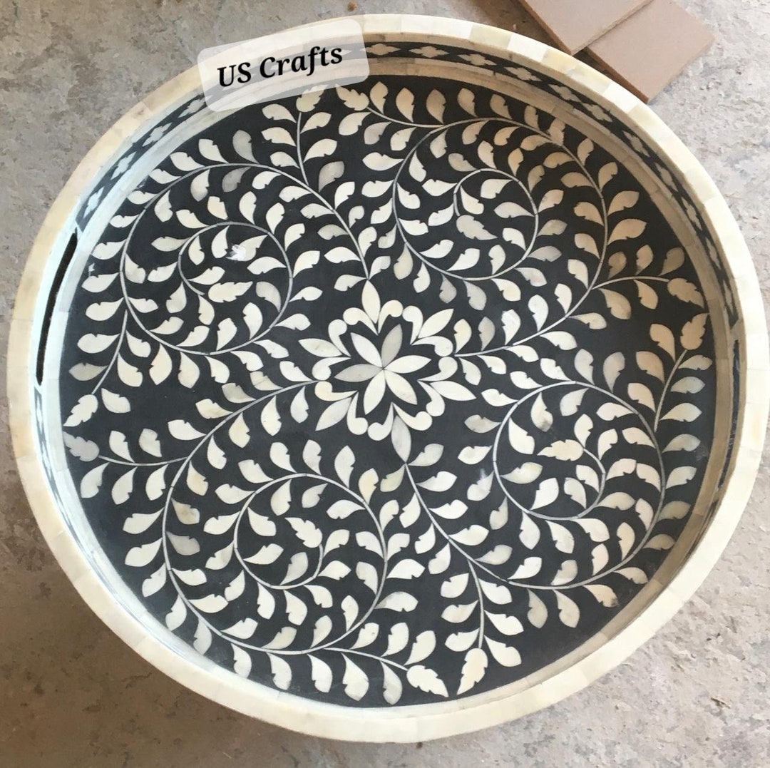 Handmade Bone Inlay Floral Design Round Tray Blue, Bone Inlay Floral ...