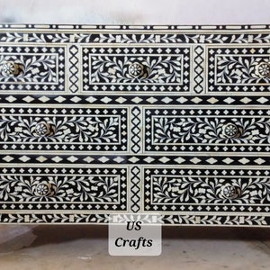Bone Inlay Floral Pattern Chest of 7 Drawers Black, Bone Inlay Floral ...