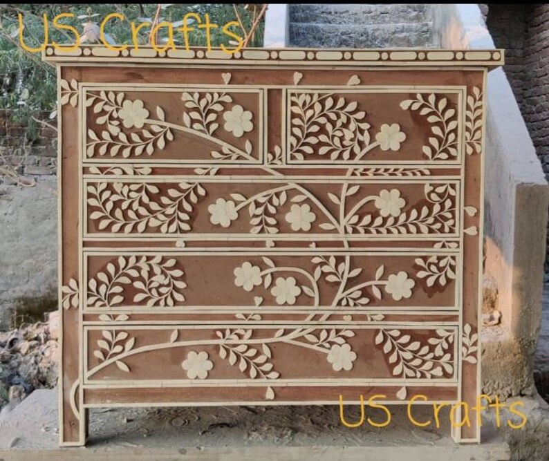 Bone Inlay Wooden Modern Floral Design Chest of Drawers Table Baby Pink ...