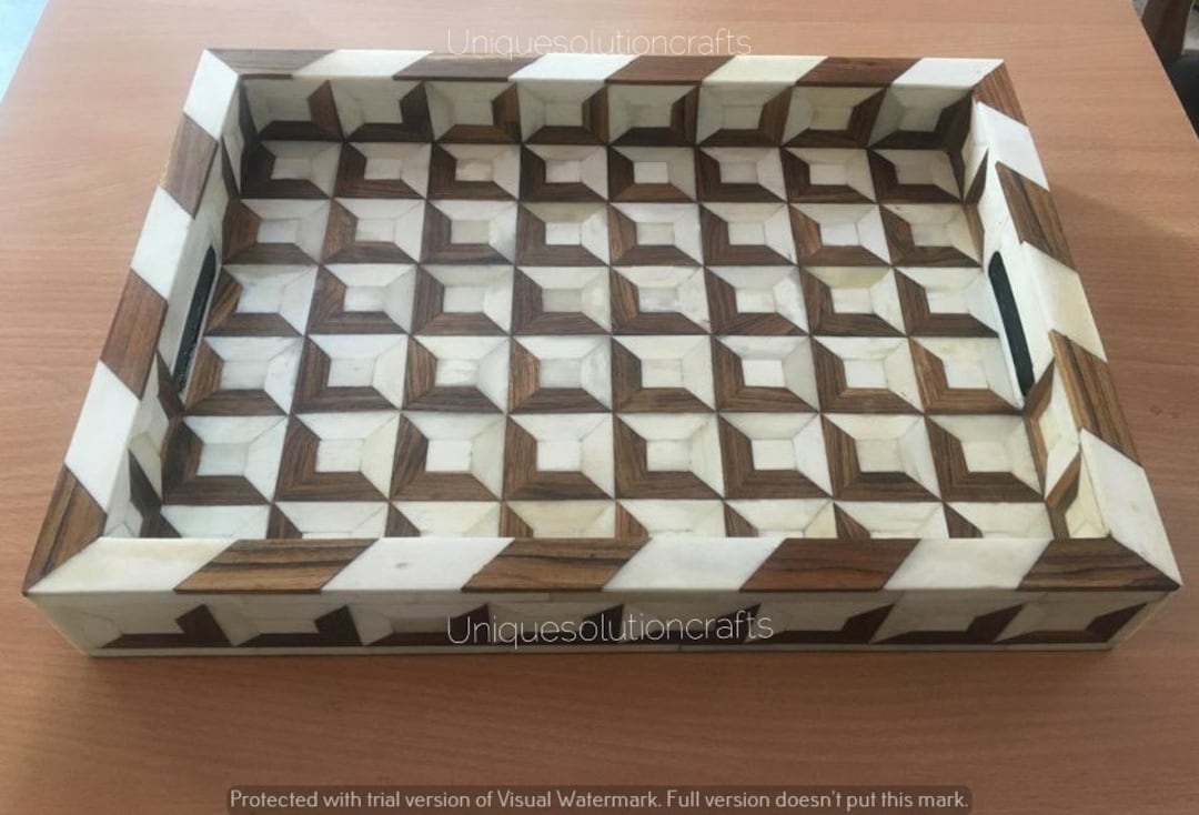 Wooden Inlay Tray, Wood Inlay Geometric Design Platter, Handmade Tray ...