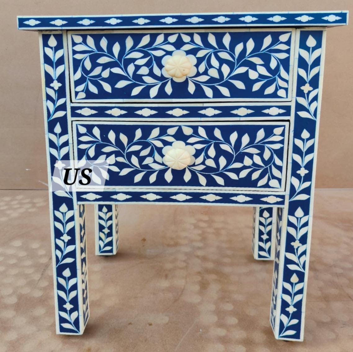 Bone Inlay Bedside Table, Handmade Blue Bone Inlay End Table,night ...