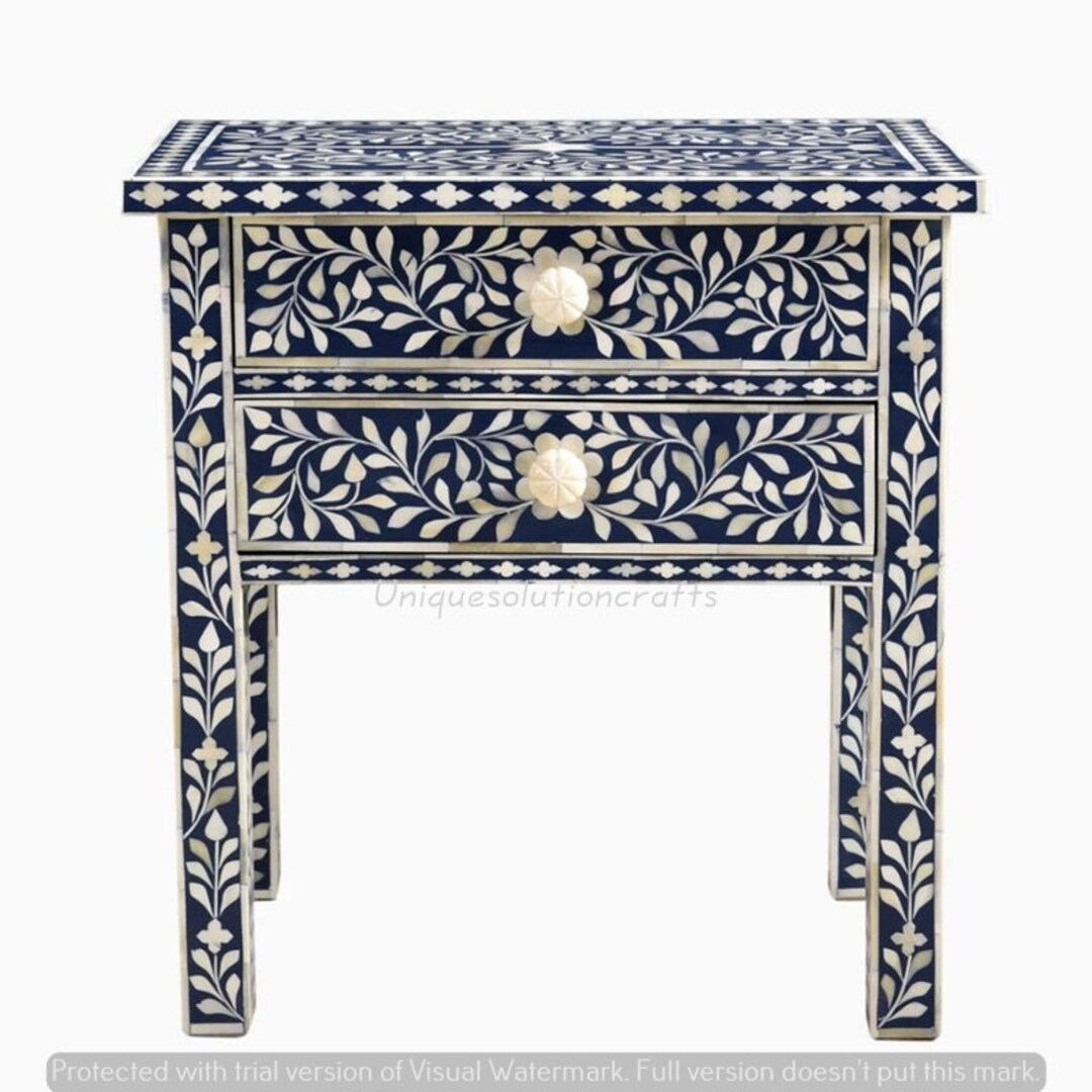 Bone Inlay Bedside Table Handmade Blue Bone Inlay End - Etsy