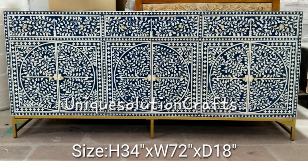 Bone Inlay 3 Drawers and 6 Doors Console Cabinet Floral Leaf in Navy ...