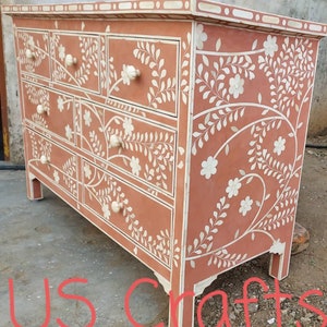 Bone Inlay Wooden Modern Floral Design Chest of Drawers Table Baby Pink ...