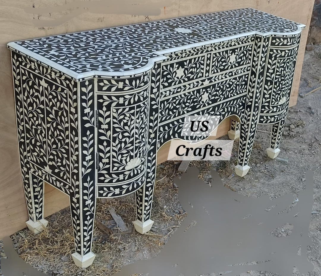 Handmade Bone Inlay Floral Black Sideboard, Bone Inlay Floral Black ...