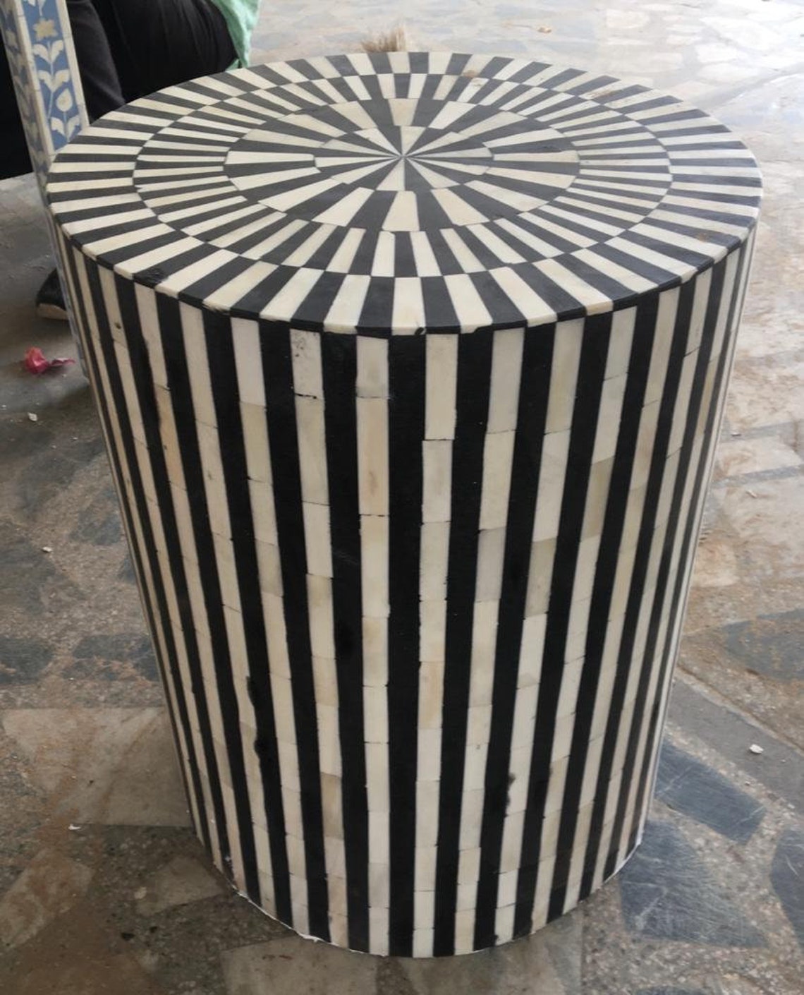 Bone Inlay Stripe Design Round End Table Off-White Bone Inlay | Etsy