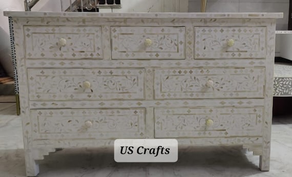 Bone Inlay Chest of 7 Drawers Handmade Floral Design in White Dresser Commode Handmade Furniture Bone Inlay Furniture Etsy