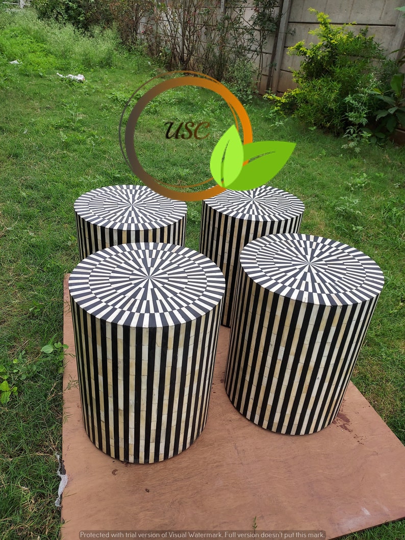 Bone Inlay Stripe Design Round End Table Off-White Bone Inlay | Etsy