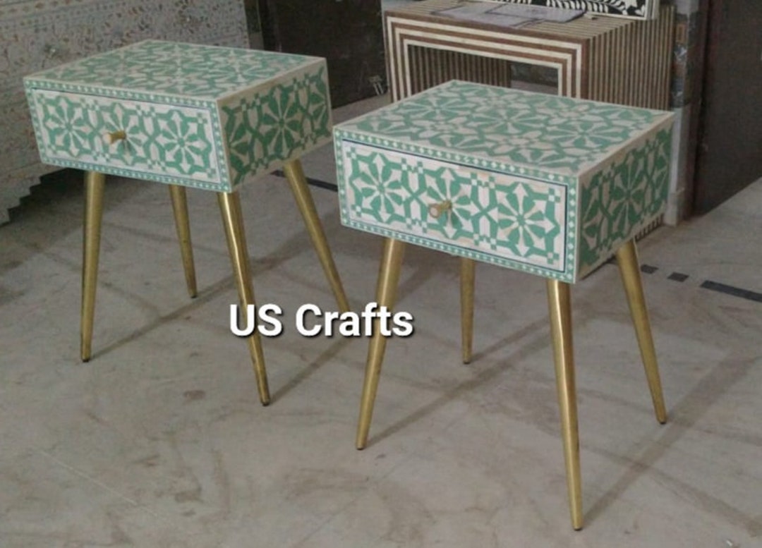 Bone Inlay Moroccan Design Bedside Table Slate Green, Bone Inlay ...