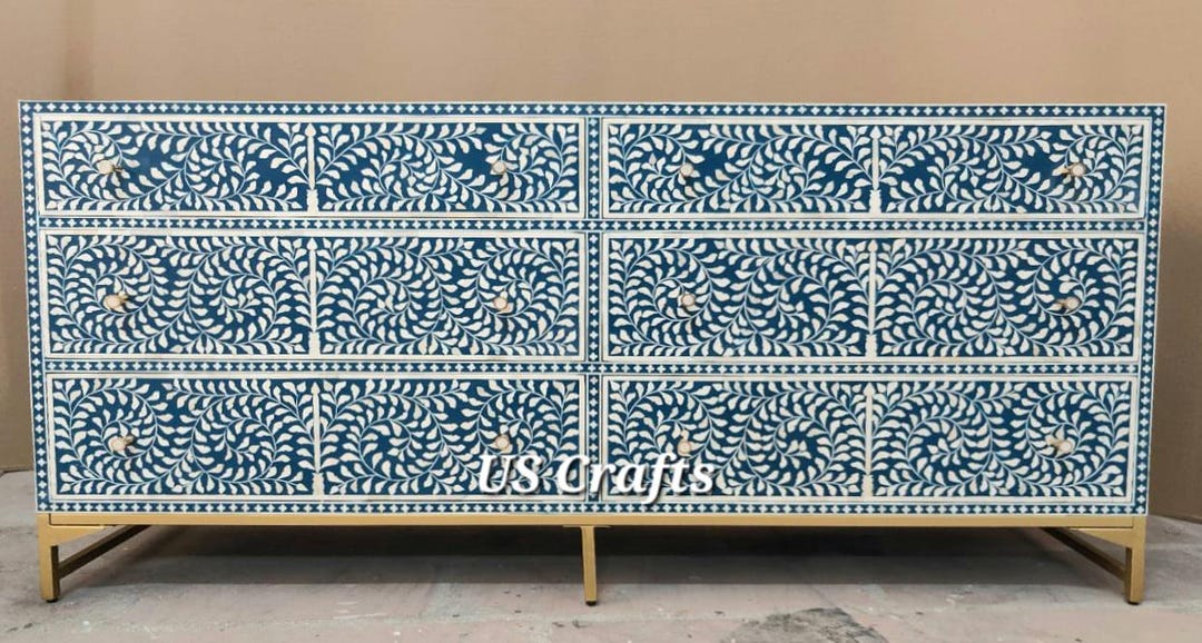 Bone Inlay Floral Design Chest of 6 Drawers Blue, Bone Inlay Floral ...