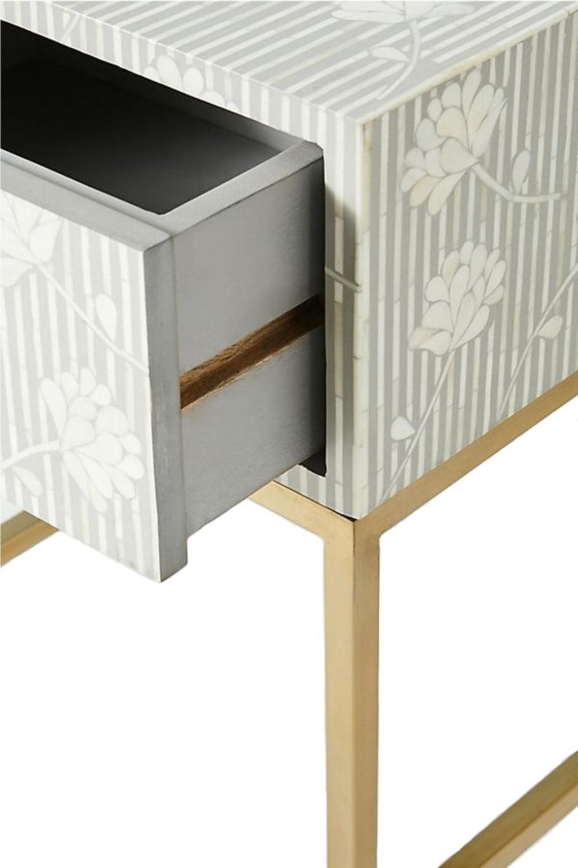 Bone Inlay Motif Flower Design Bedside Table Grey Bone Inlay - Etsy