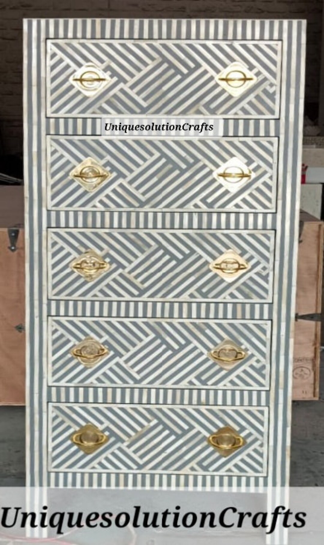 Bone Inlay Optical Pattern Tallboy Dresser Grey Color, Bone Inlay ...