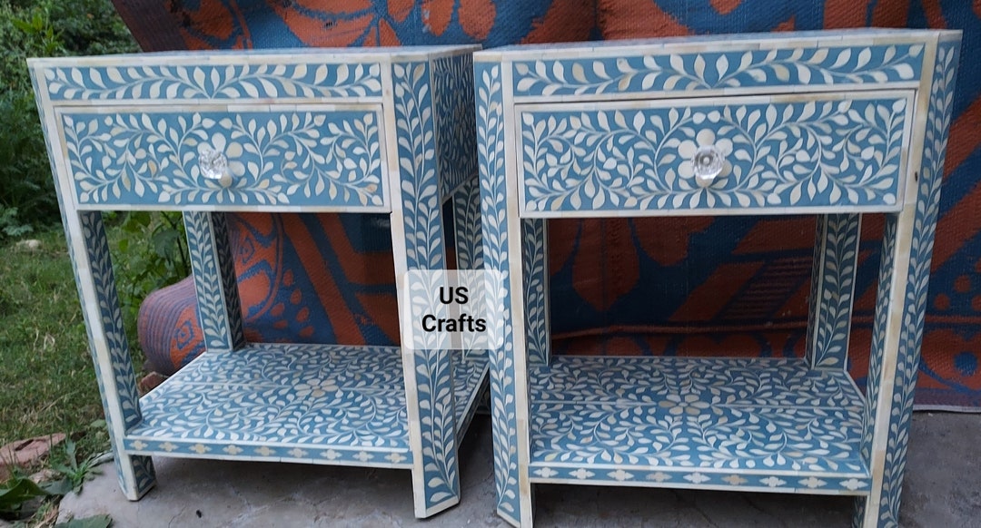 Bone Inlay Bedside Table With Shelf Blue, Bone Inlay Nightstand Table ...