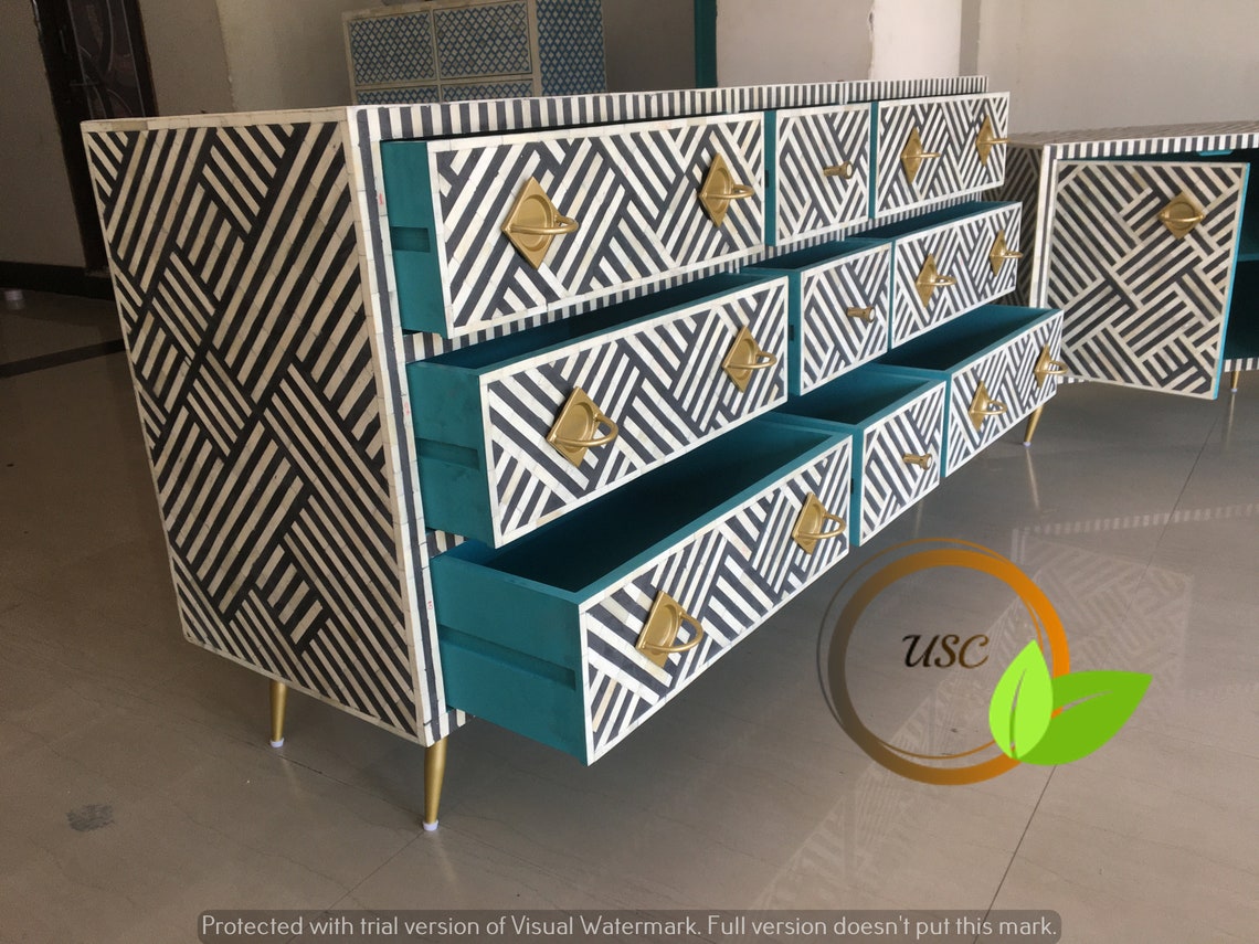 Bone Inlay Optical Design 9 Drawers Chest of Drawers Black, Bone Inlay ...