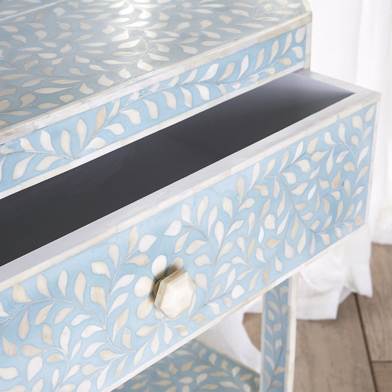 Bone Inlay Bedside Table With Shelf Blue Bone Inlay - Etsy
