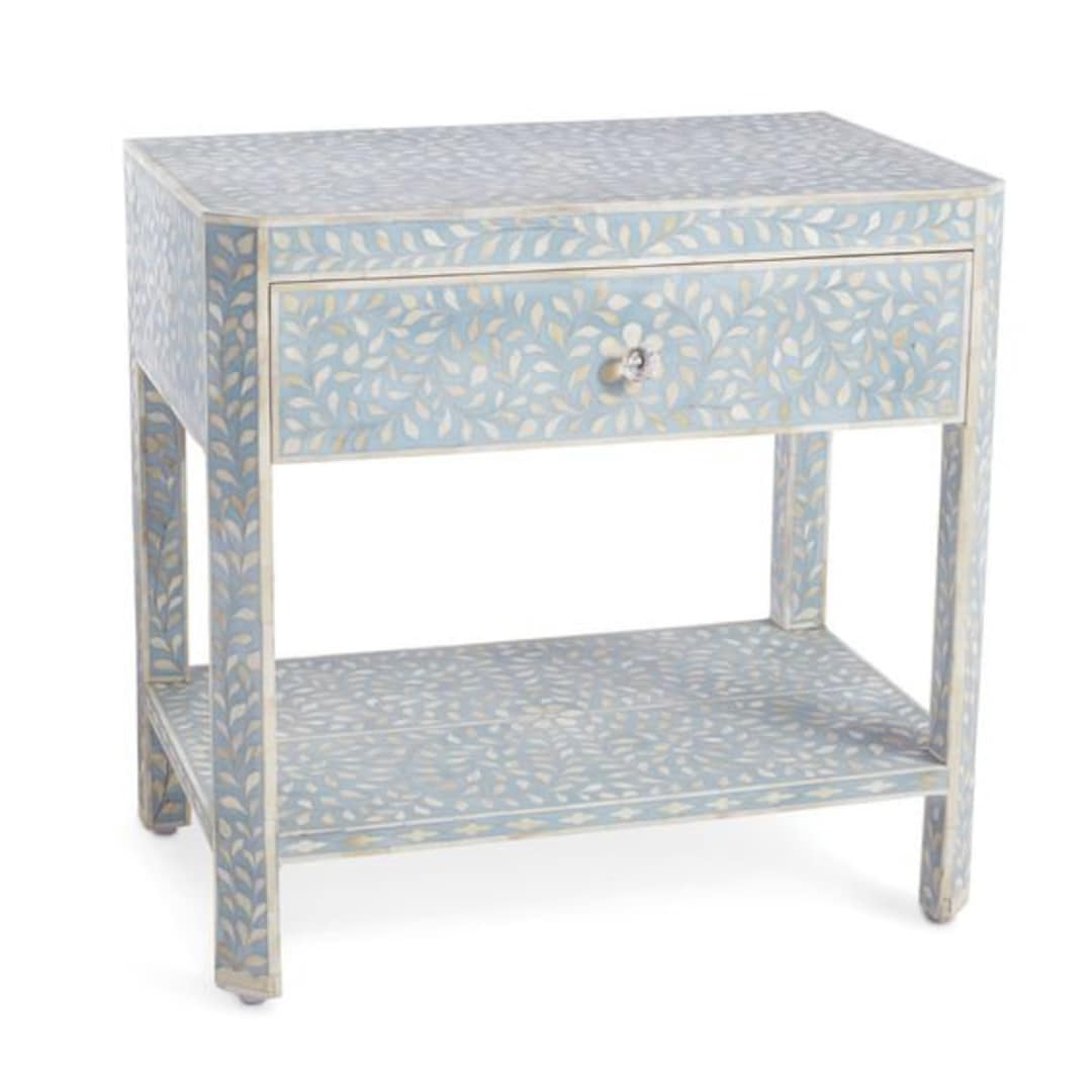 Bone Inlay Bedside Table With Shelf Blue, Bone Inlay Nightstand Table ...