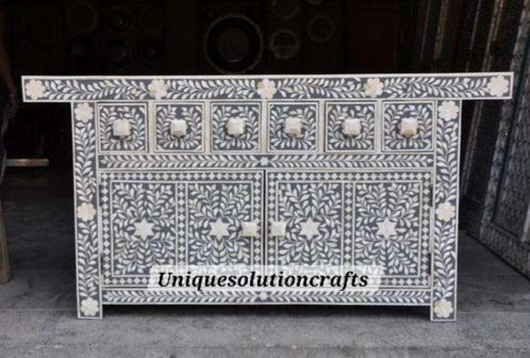 Handmade Bone Inlay Floral Pattern Sideboard Grey, Bone Inlay Floral ...