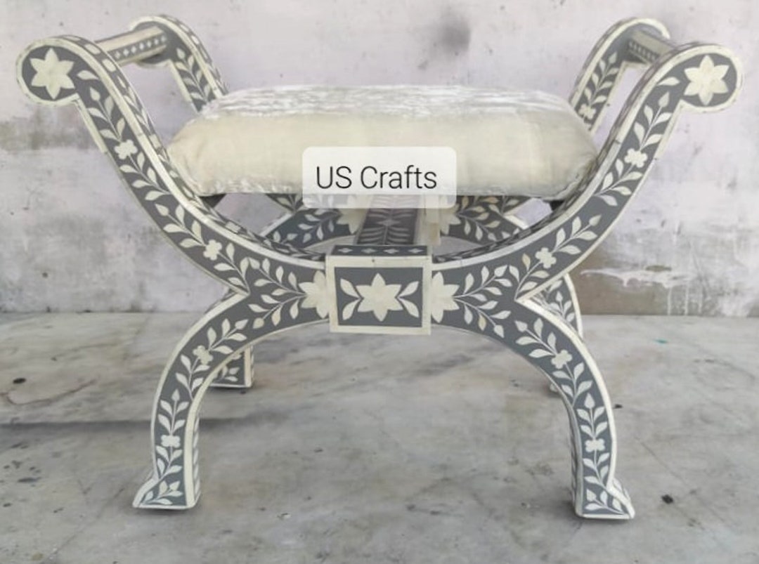 Bone Inlay Floral Ottoman Chair Grey, Bone Inlay Roman Stool Grey, Bone ...