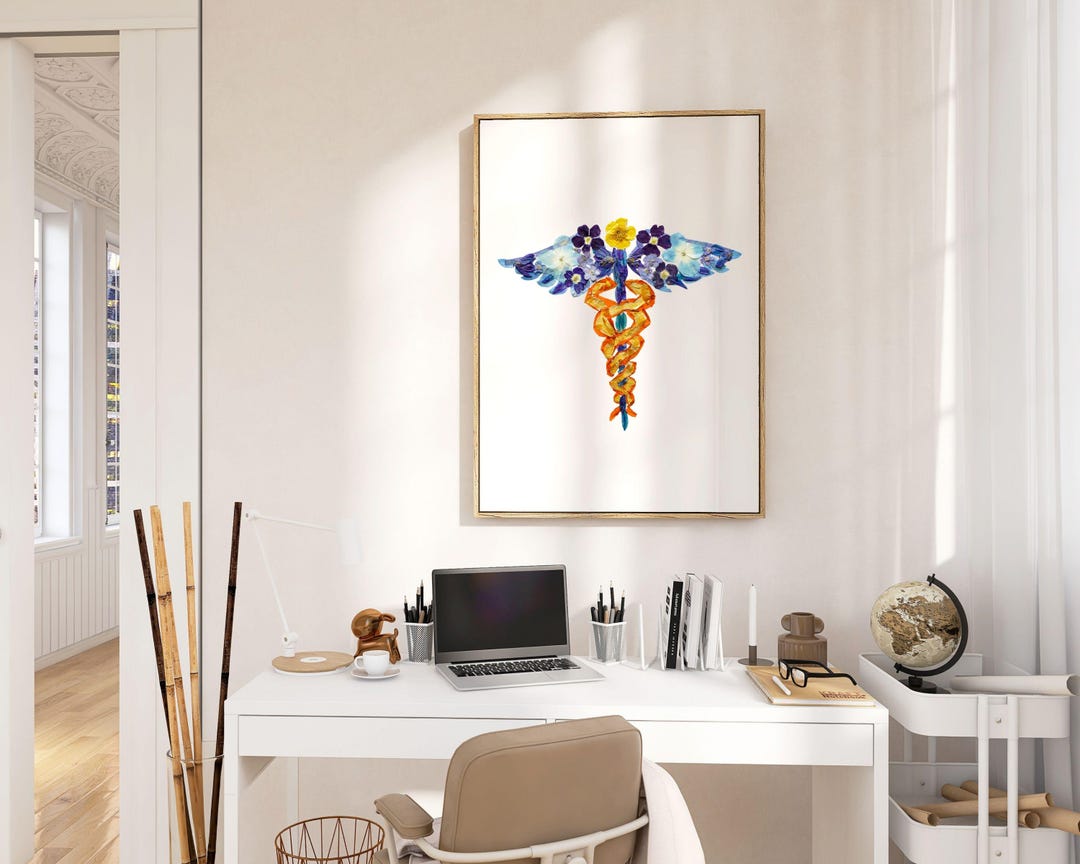Caduceus Floral Medical Symbol Wall Art Botanical Doctor Gift Nurse ...
