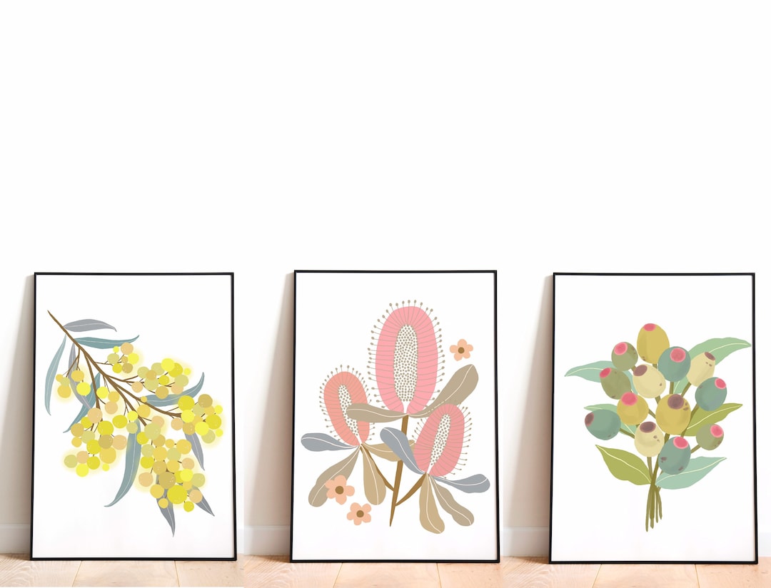 A Set of 3 Australian Native Flower Art Prints Home Decor, Wattle ...