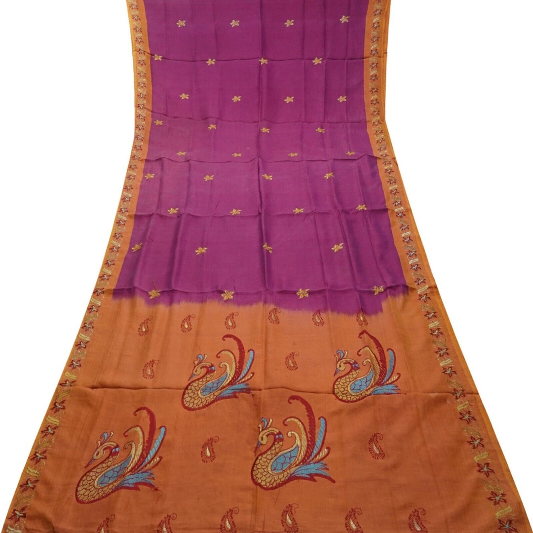 Vintage Purple Sarees 100% Pure Silk Birds Hand Embroidered Sari 5YD ...