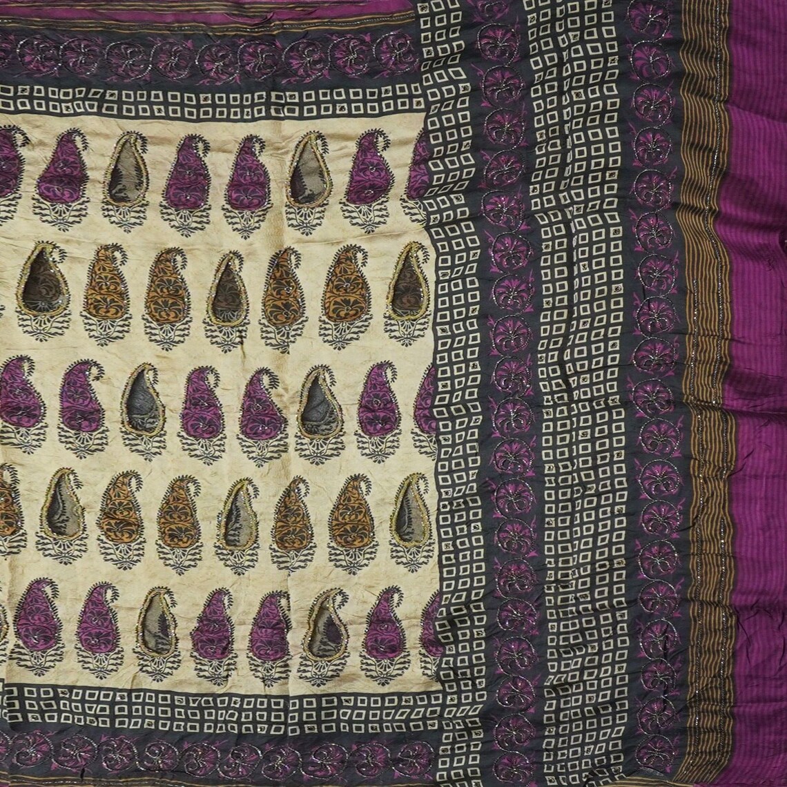 Vintage Beige Sarees 100% Pure Silk Tube Beaded Paisley Embroidery Sari ...