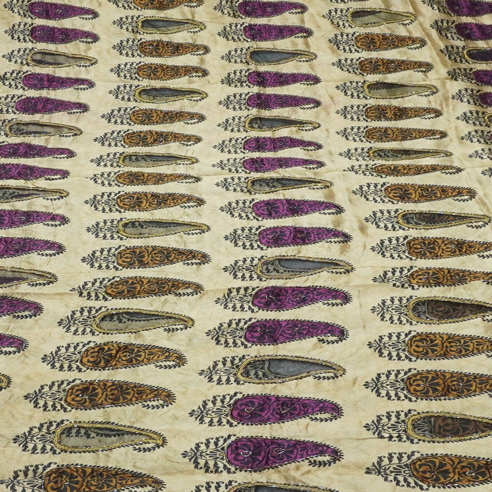 Vintage Beige Sarees 100% Pure Silk Tube Beaded Paisley Embroidery Sari ...