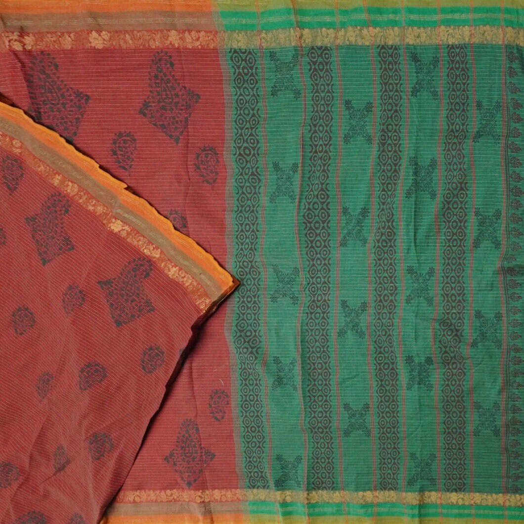 Vintage Red Sarees 100% Pure Cotton Block Printed Zari Border Sari 5YD ...