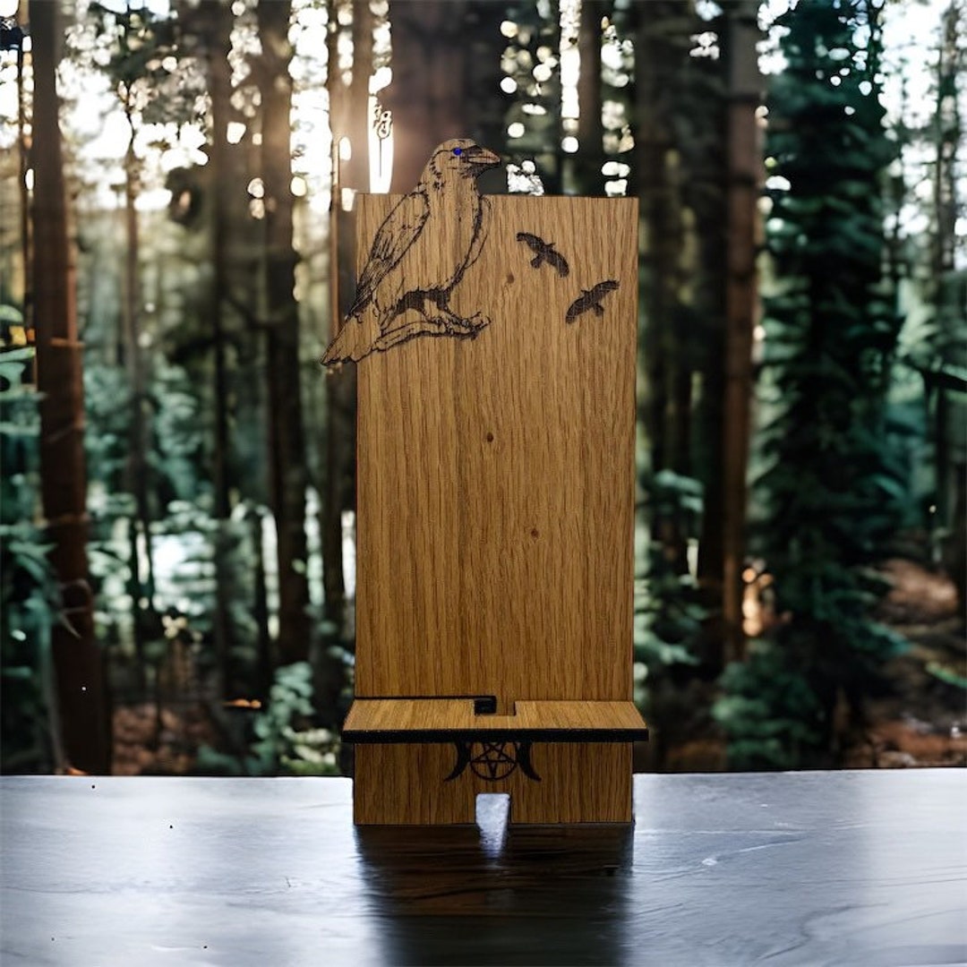 Phone Holder, Raven, Crow, Triple Moons, Personalised Wooden Phone ...