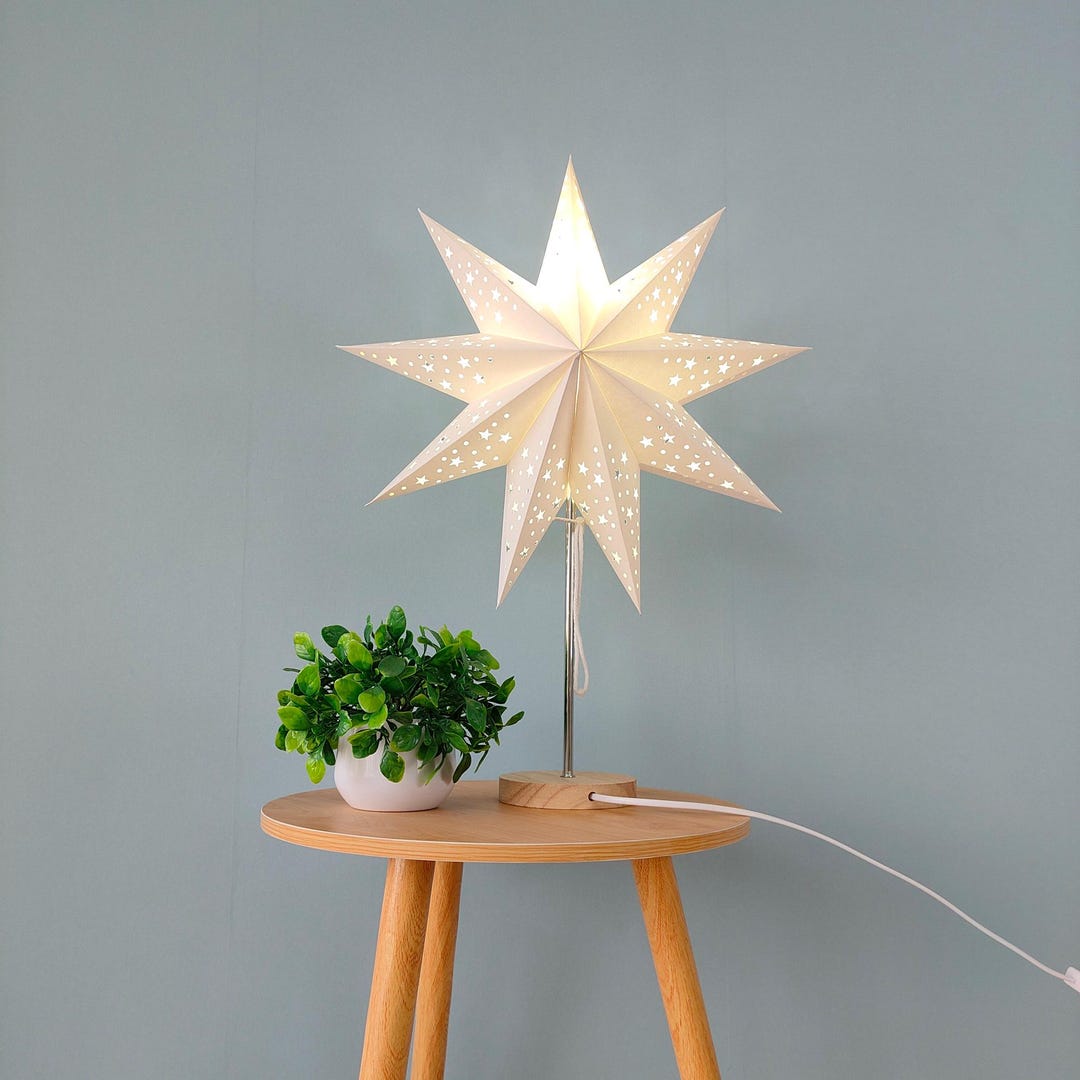White 9-point Paper Star Table Lamp – Nordic Desk Light With Wooden ...